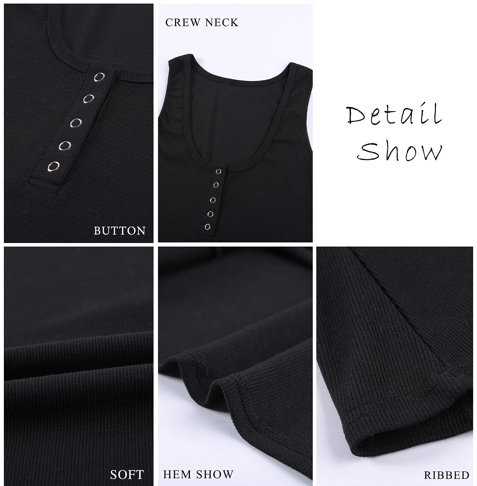 BTFBM Women's Summer Ribbed Tank Tops Crew Neck Button Down Slim Fit Basic Sleeveless Tunic Blouse Casual Henley Shirts(Sleeveless Black, Medium)