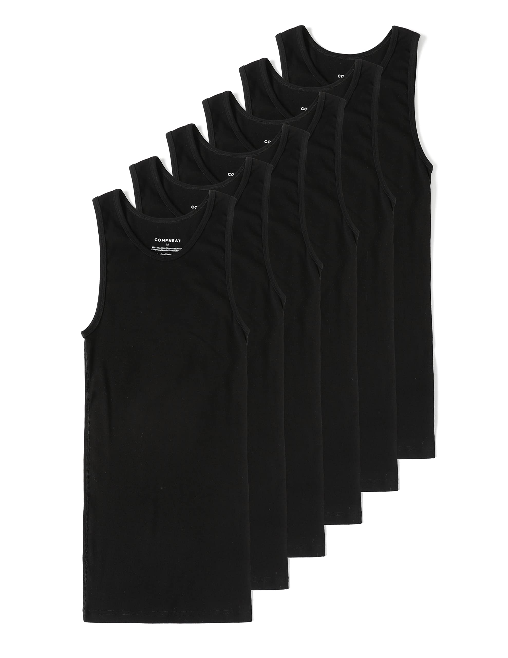 Comfneat Men's 6-Pack A-Shirts Tight Fit Tank Tops Cotton Spandex Undershirts (Black 6-Pack, S)