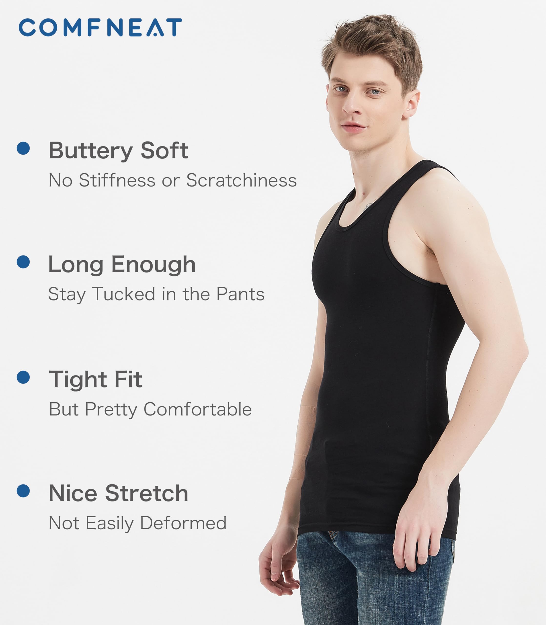 Comfneat Men's 6-Pack A-Shirts Tight Fit Tank Tops Cotton Spandex Undershirts (Black 6-Pack, S)