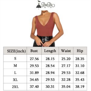 REORIA Women's Summer Sexy Plunge Deep V Neck Sleeveless Double Lined One Piece Tank Tops Thong Bodysuits Leotards For Going Out Rusty Red Small