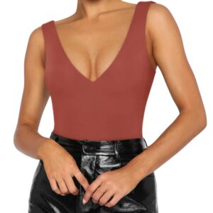 REORIA Women's Summer Sexy Plunge Deep V Neck Sleeveless Double Lined One Piece Tank Tops Thong Bodysuits Leotards For Going Out Rusty Red Small