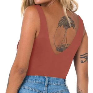 REORIA Women's Summer Sexy Plunge Deep V Neck Sleeveless Double Lined One Piece Tank Tops Thong Bodysuits Leotards For Going Out Rusty Red Small