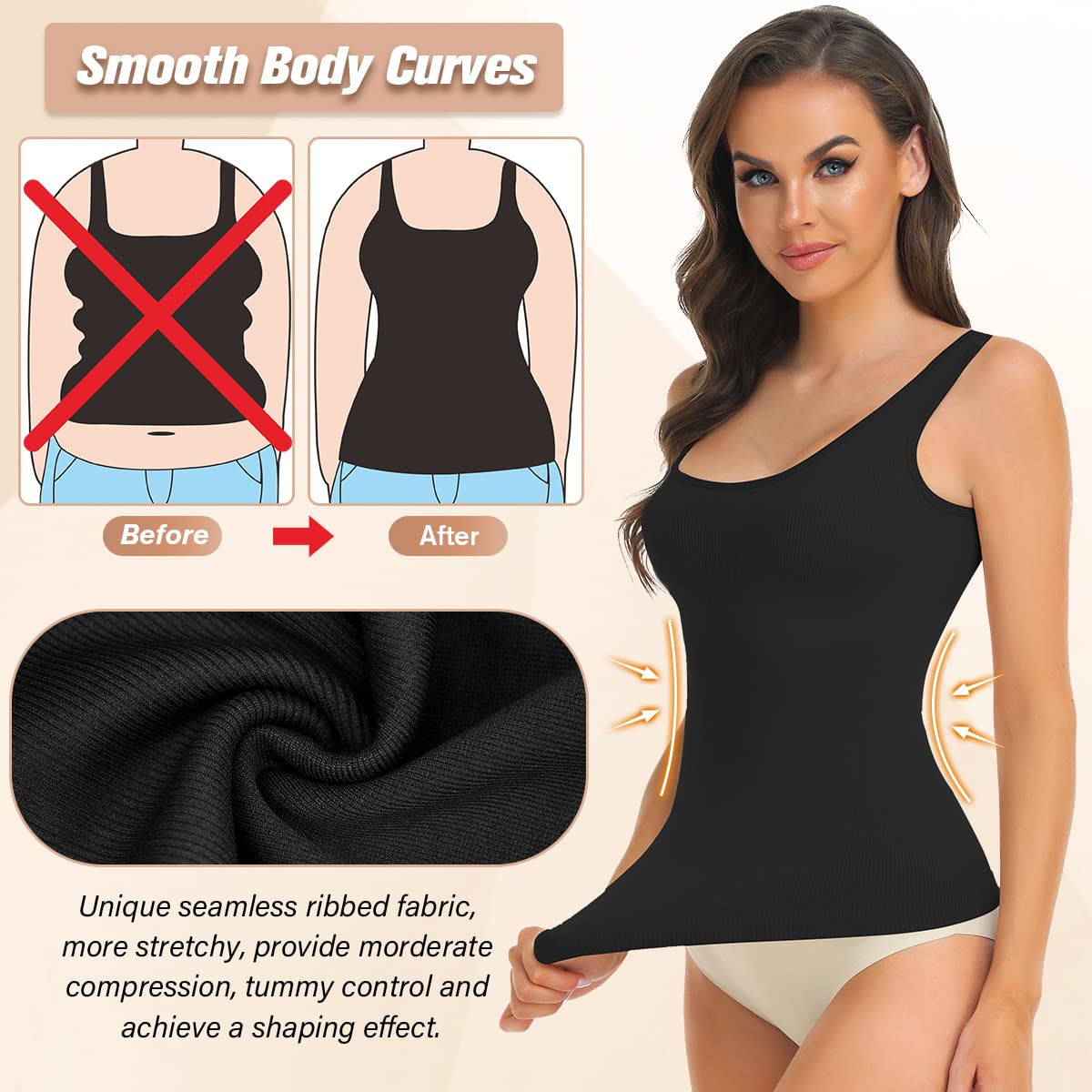 TDIFFUN Women's 3 Piece Shapewear Tank Tops Tummy Control Seamless Ribbed Square Neck Compression Body Shaper Top - Black White Nude M/L