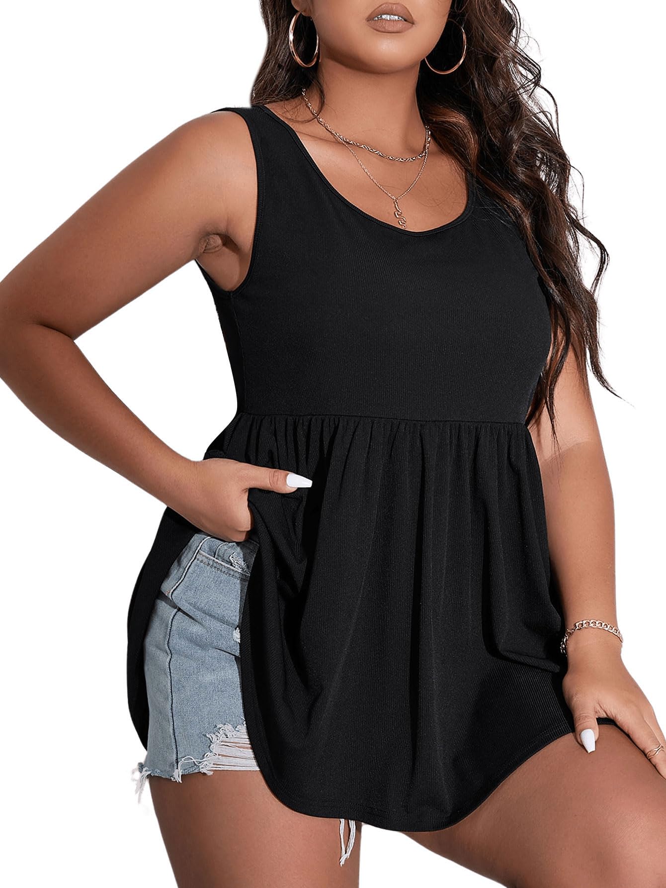 SOLY HUX Women's Plus Size Sleeveless Summer Tops Peplum Tank Top Scoop Neck Ruffle Hem Shirts Black 3XL