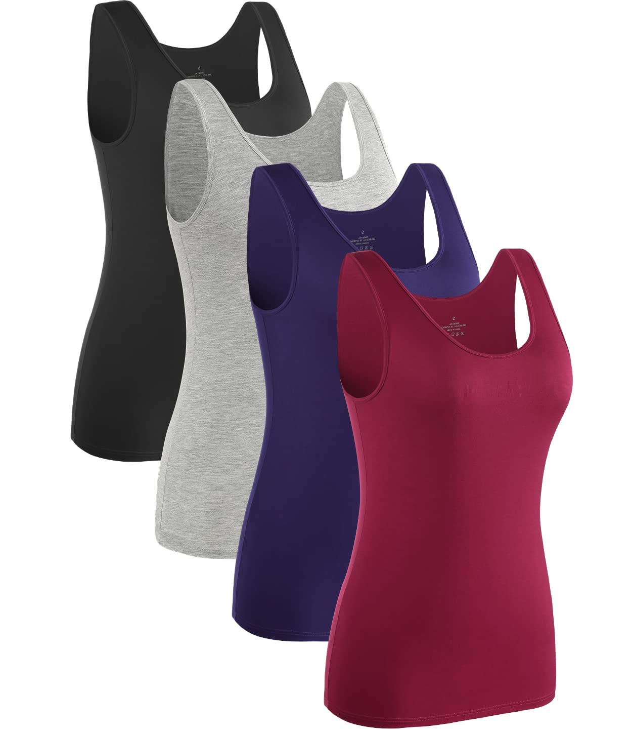 Rosyline 4 Piece Women Tank Tops Basic Sleeveless Undershirt Layering Tanks Black/Grey/Dark Blue/Wine Red S