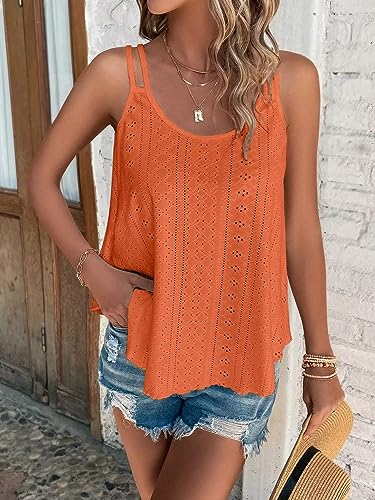 KKJ Womens Fashion Tank Tops Eyelet Embroidery Sleeveless Camisole Scoop Neck Loose Casual 2024 Summer Clothes Flowy Shirts Orange