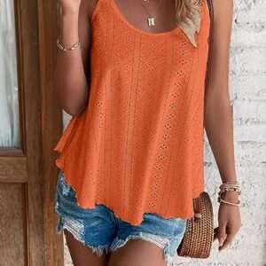 KKJ Womens Fashion Tank Tops Eyelet Embroidery Sleeveless Camisole Scoop Neck Loose Casual 2024 Summer Clothes Flowy Shirts Orange