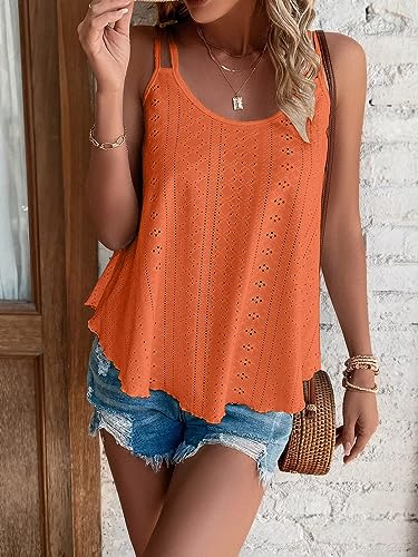 KKJ Womens Fashion Tank Tops Eyelet Embroidery Sleeveless Camisole Scoop Neck Loose Casual 2024 Summer Clothes Flowy Shirts Orange