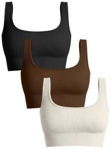 oqq women's 3 piece medium support tank top ribbed seamless removable cups workout exercise sport bra black coffee beige