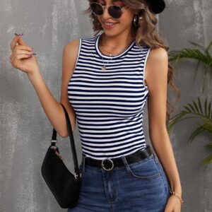 SOLY HUX Women's Tank Tops Striped Sleeveless Ribbed Slim Fitted Tank Slim Knit Basic Casual Cami Tanks Navy Blue Striped M