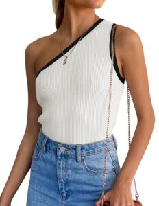 zesica women's one shoulder tank top summer sleeveless t shirt ribbed knit color block slim fit basic tee tops,white,small