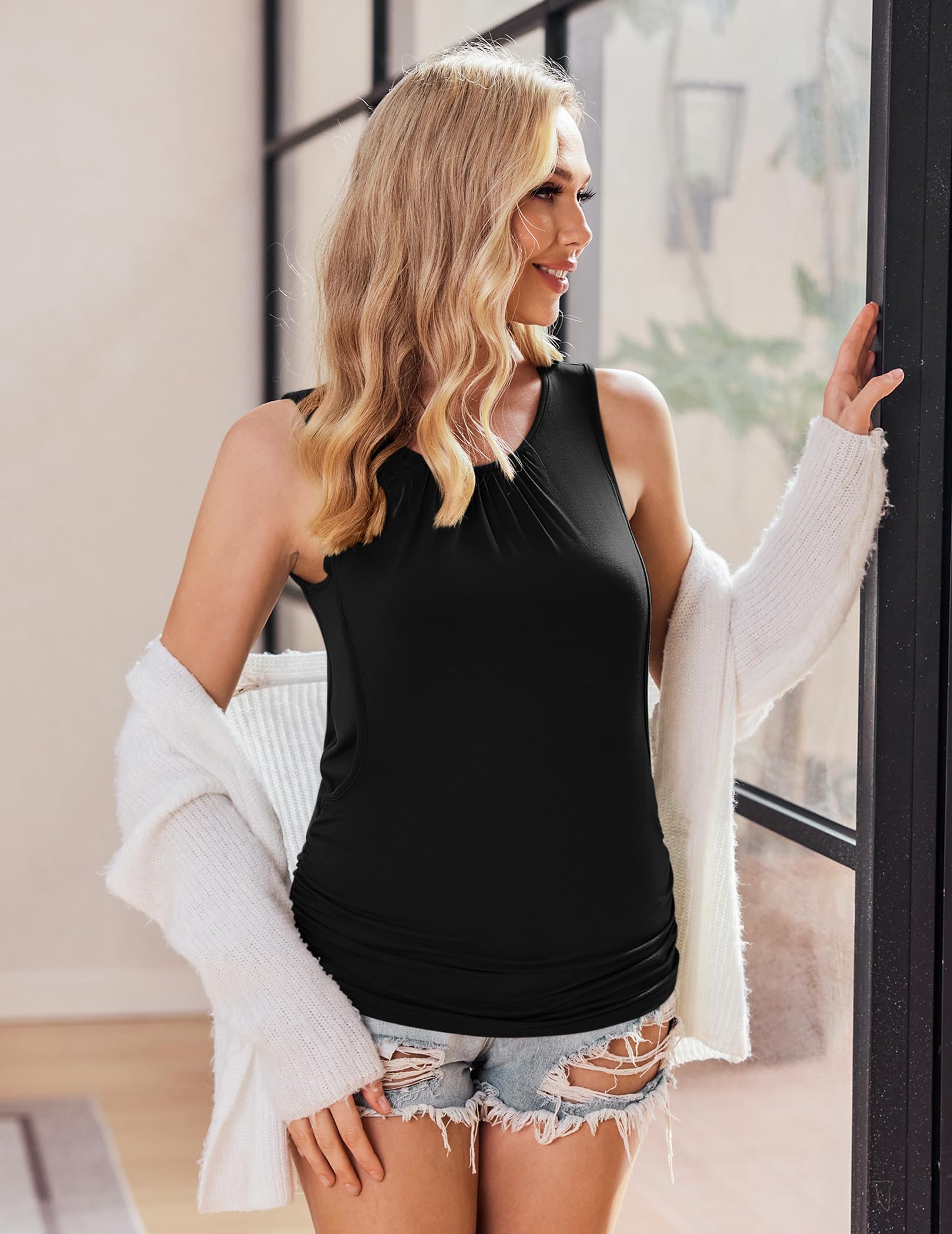 Ekouaer Nursing Maternity Top Pregnant Breastfeeding Shirt Women's Cotton Round Neck Ruched Waist Double Layered Summer Tank Black M