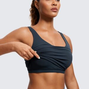 CRZ YOGA Butterluxe Womens V Neck Longline Sports Bra - Padded Workout Crop Tank Top with Built in Bra True Navy Medium