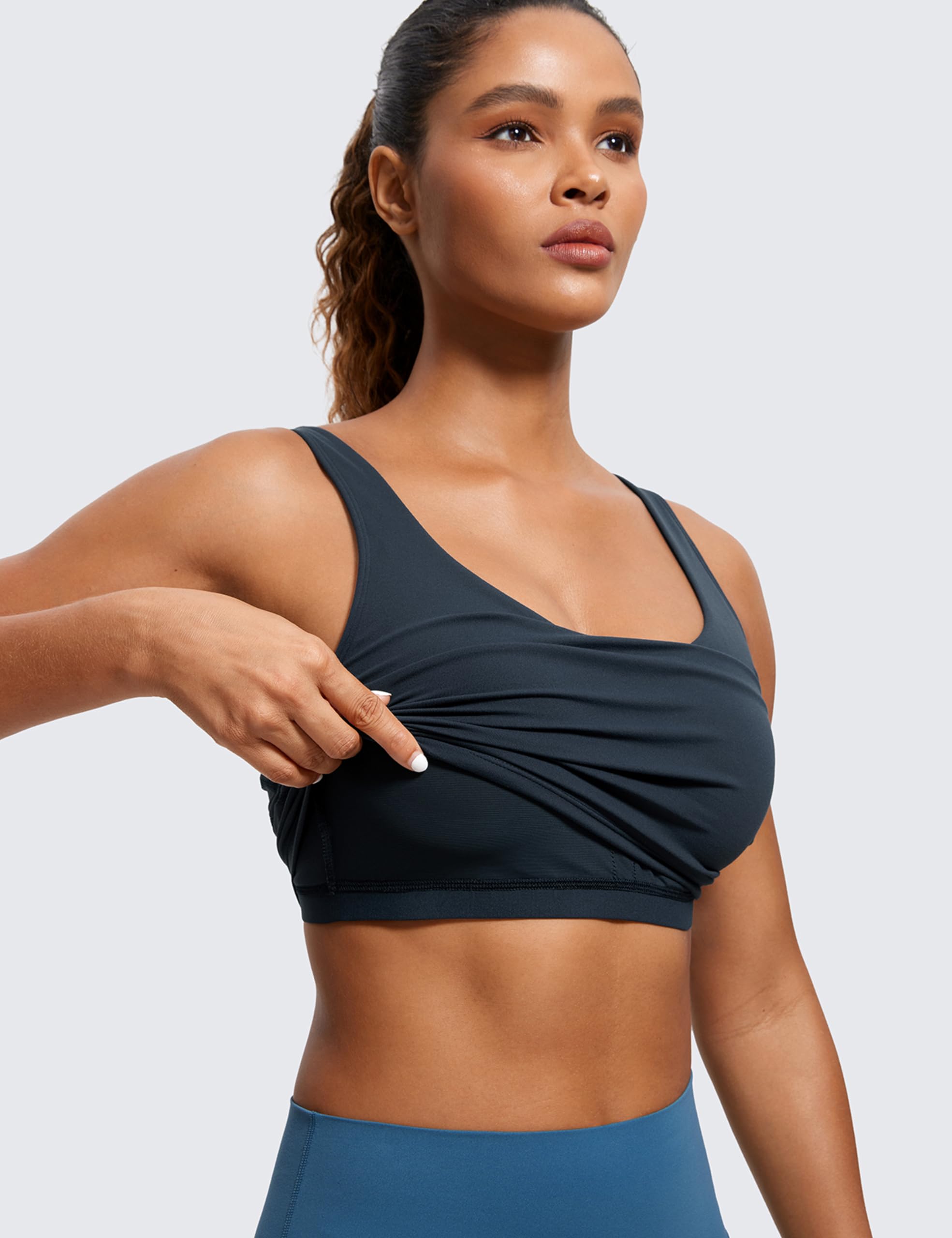 CRZ YOGA Butterluxe Womens V Neck Longline Sports Bra - Padded Workout Crop Tank Top with Built in Bra True Navy Medium