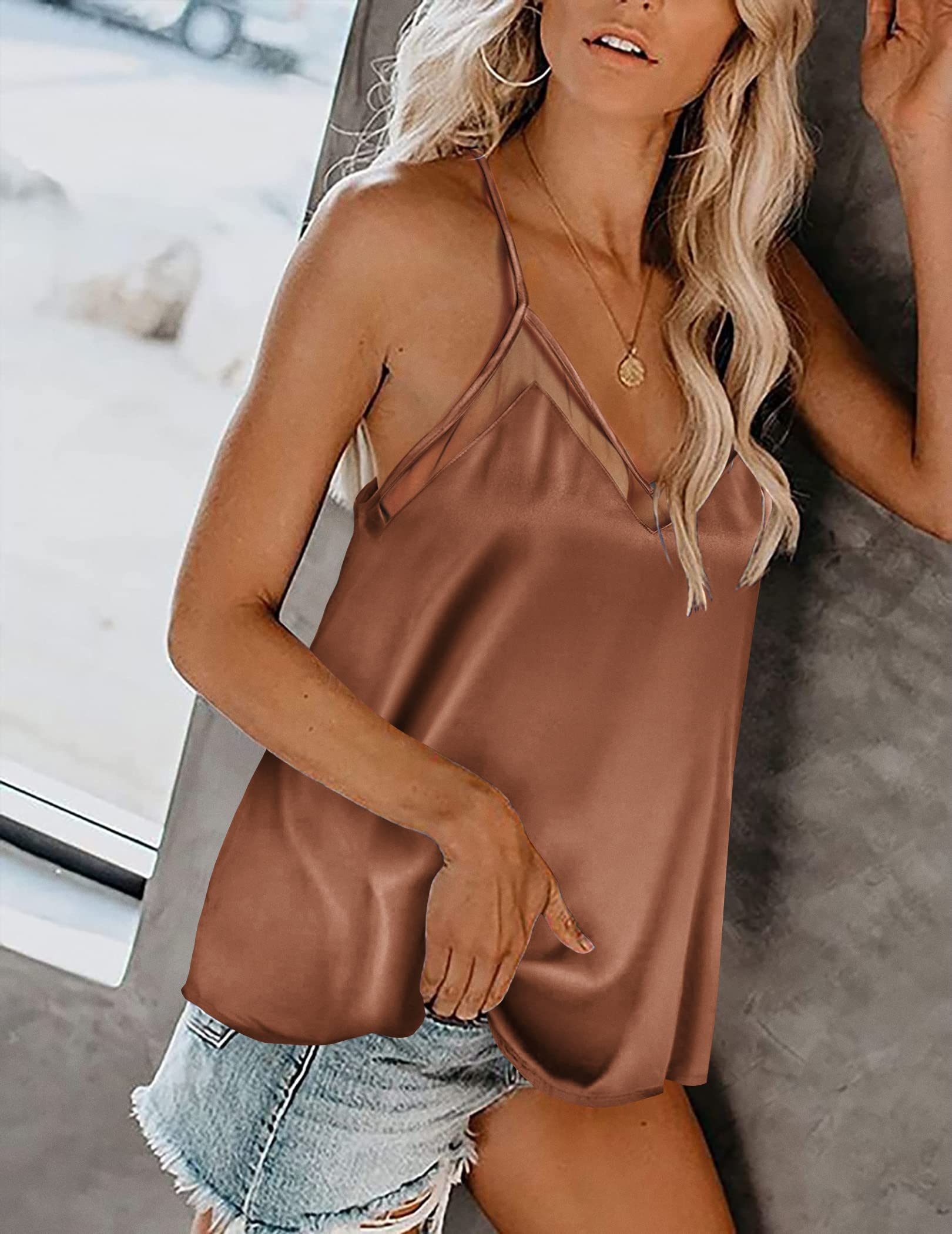 Ekouaer Silk Tank Top for Women Mesh V Neck Satin Camisole Silky Sleeveless Tank Cami Shirt Light Coffee