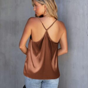 Ekouaer Silk Tank Top for Women Mesh V Neck Satin Camisole Silky Sleeveless Tank Cami Shirt Light Coffee