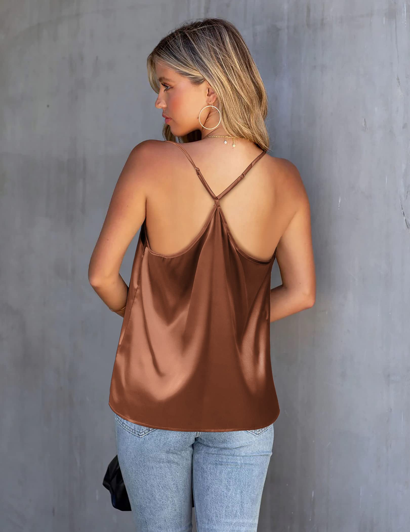 Ekouaer Silk Tank Top for Women Mesh V Neck Satin Camisole Silky Sleeveless Tank Cami Shirt Light Coffee