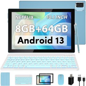 android 13 tablet with keyboard, 2024 newest 10.1 inch 2 in 1 tablets, 8gb ram+64gb rom with case mouse stylus, 1.8ghz quad core, 1280*800 hd touch screen, 8mp dual camera, games, wi-fi, bt tableta pc