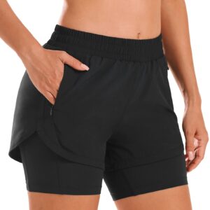 Stelle Women 2 in 1 Running Shorts High Waisted Athletic Shorts Gym Workout Shorts with Liner Zipper Pockets (Black, M)