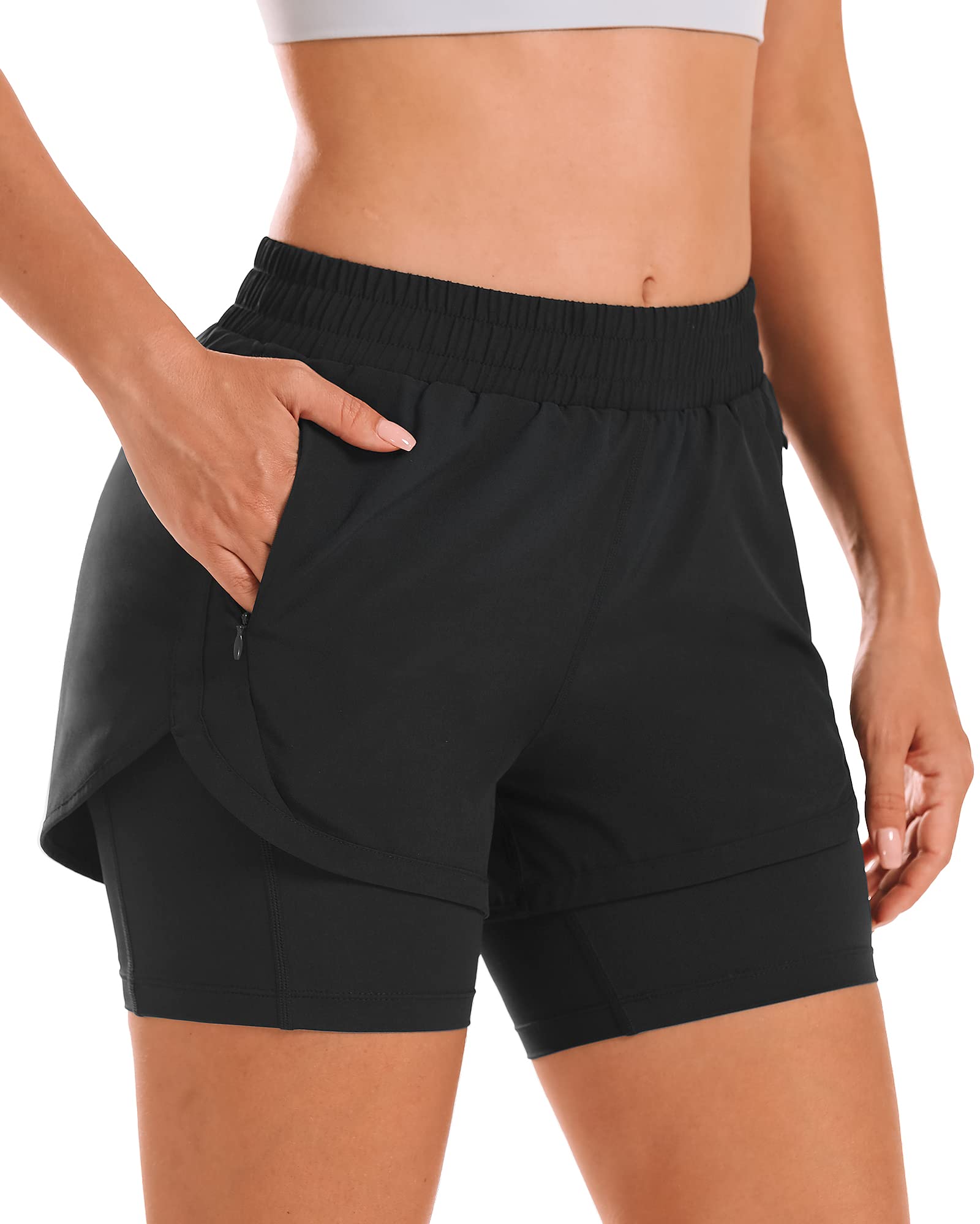 Stelle Women 2 in 1 Running Shorts High Waisted Athletic Shorts Gym Workout Shorts with Liner Zipper Pockets (Black, M)