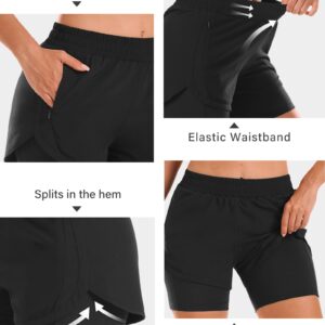 Stelle Women 2 in 1 Running Shorts High Waisted Athletic Shorts Gym Workout Shorts with Liner Zipper Pockets (Black, M)