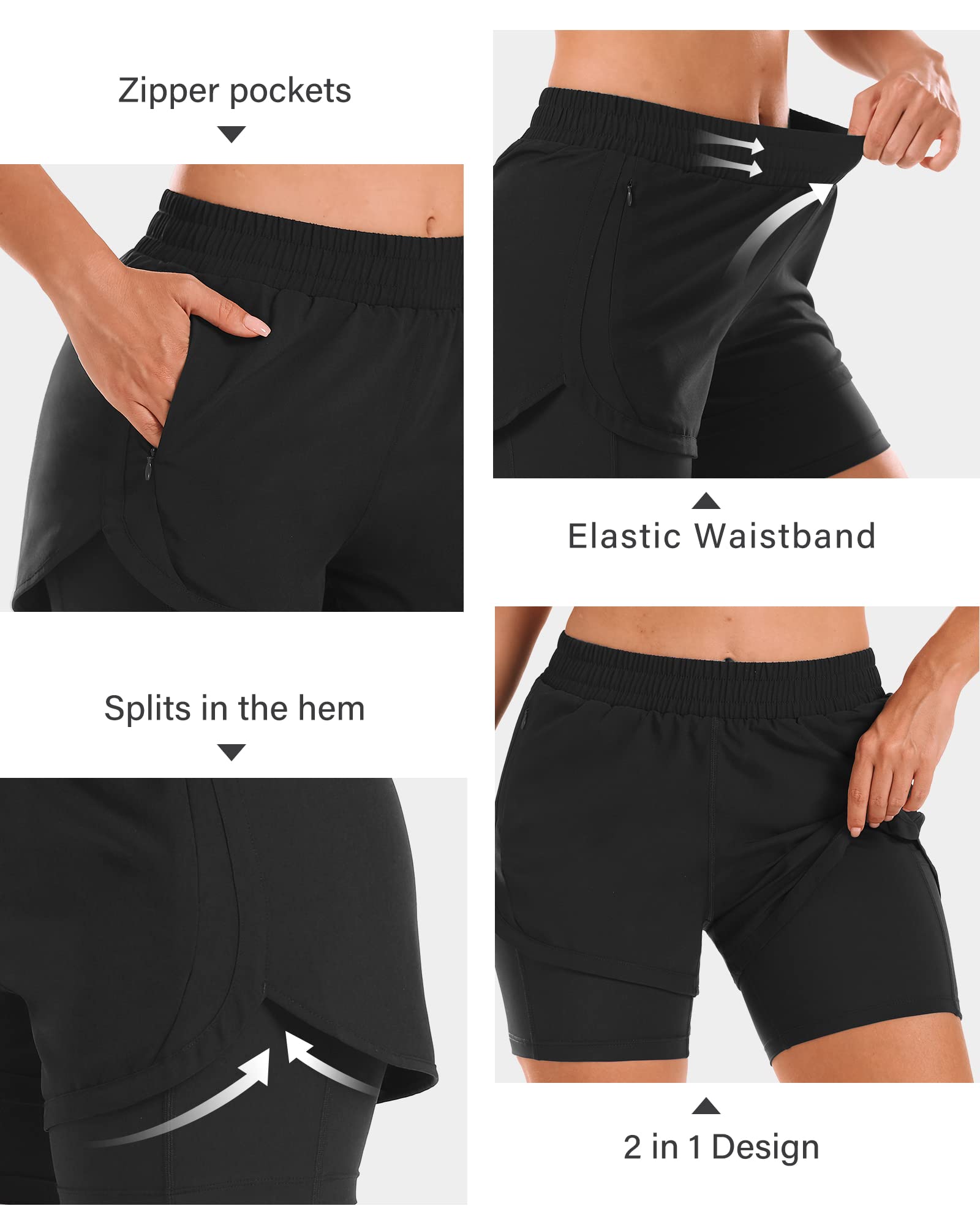 Stelle Women 2 in 1 Running Shorts High Waisted Athletic Shorts Gym Workout Shorts with Liner Zipper Pockets (Black, M)