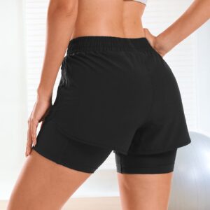 Stelle Women 2 in 1 Running Shorts High Waisted Athletic Shorts Gym Workout Shorts with Liner Zipper Pockets (Black, M)