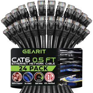 gearit cat 6 ethernet cable 0.5 ft 6-inch (24-pack) - cat6 patch cable, cat 6 patch cable, cat6 cable, cat 6 cable, cat6 ethernet cable, network cable, internet cable - black 0.5 foot