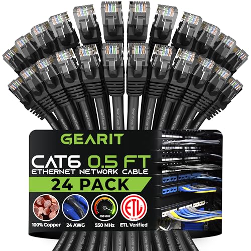 GearIT Cat 6 Ethernet Cable 0.5 ft 6-Inch (24-Pack) - Cat6 Patch Cable, Cat 6 Patch Cable, Cat6 Cable, Cat 6 Cable, Cat6 Ethernet Cable, Network Cable, Internet Cable - Black 0.5 Foot