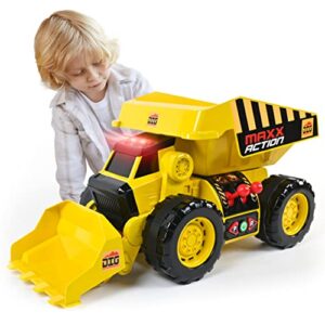 sunny days entertainment 2-n-1 dig rig – dump truck and front end loader with lights, sounds and motorized drive, yellow, large