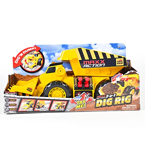 Sunny Days Entertainment 2-N-1 Dig Rig – Dump Truck and Front End Loader with Lights, Sounds and Motorized Drive, Yellow, Large