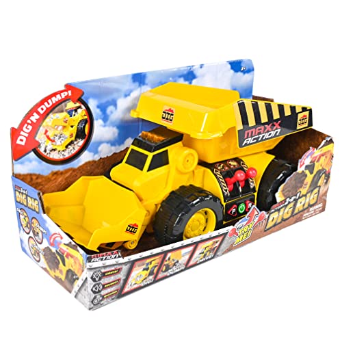 Sunny Days Entertainment 2-N-1 Dig Rig – Dump Truck and Front End Loader with Lights, Sounds and Motorized Drive, Yellow, Large