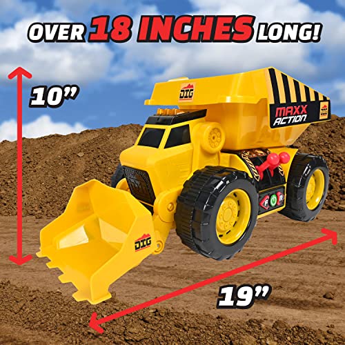 Sunny Days Entertainment 2-N-1 Dig Rig – Dump Truck and Front End Loader with Lights, Sounds and Motorized Drive, Yellow, Large