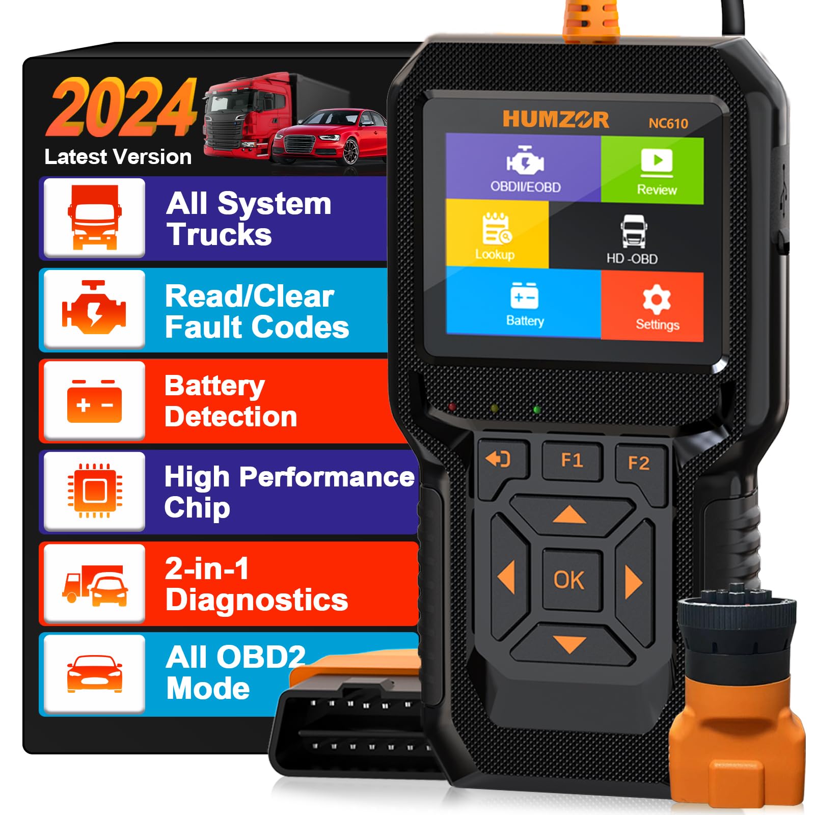 HUMZOR NC610 OBD2 Scanner，Car/Heavy Duty Truck Scanner Car Code Reader Diesel Diagnostic Tool, Full OBDII Function - 2 in 1 Auto & Truck Engine Light Clear Check Fault Diagnostic Scan Tool.