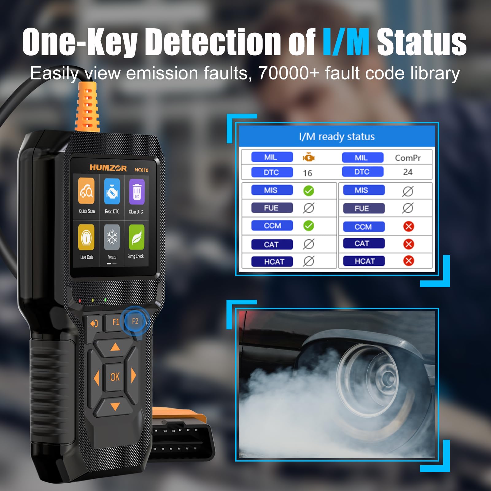 HUMZOR NC610 OBD2 Scanner，Car/Heavy Duty Truck Scanner Car Code Reader Diesel Diagnostic Tool, Full OBDII Function - 2 in 1 Auto & Truck Engine Light Clear Check Fault Diagnostic Scan Tool.