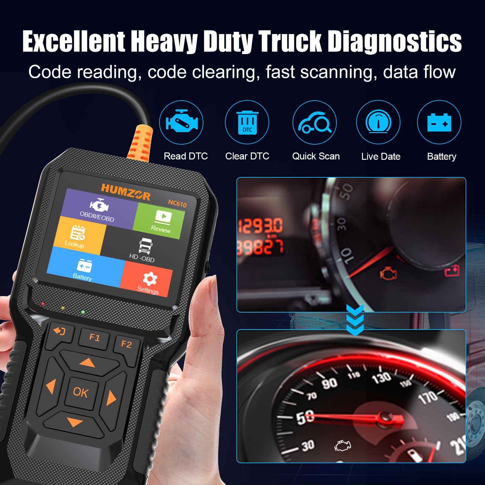 HUMZOR NC610 OBD2 Scanner，Car/Heavy Duty Truck Scanner Car Code Reader Diesel Diagnostic Tool, Full OBDII Function - 2 in 1 Auto & Truck Engine Light Clear Check Fault Diagnostic Scan Tool.