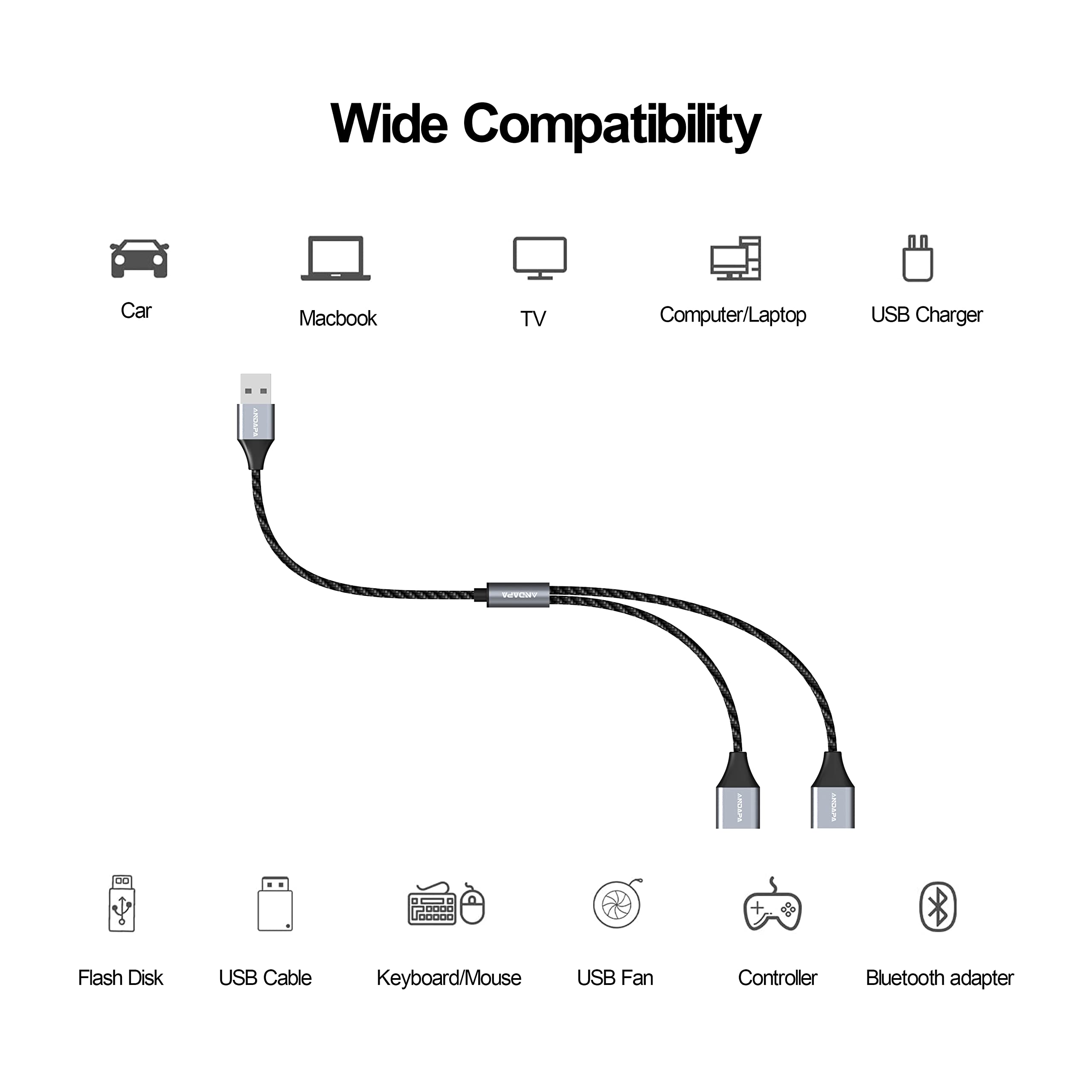 ANDAPA USB Splitter for Charging, USB Splitter 1 in 2 Out Extension Cord Converter for Mac,Car,Xbox One Series X/S,PS4,PS5,Laptop (0.3M)