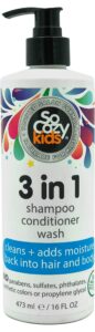 socozy 3 in 1 kids shampoo + conditioner + body wash (16 fl oz) gentle, hydrating hair & body cleanser with keratin, vitamin b5, & kiwi extract, paraben & sulfate-free