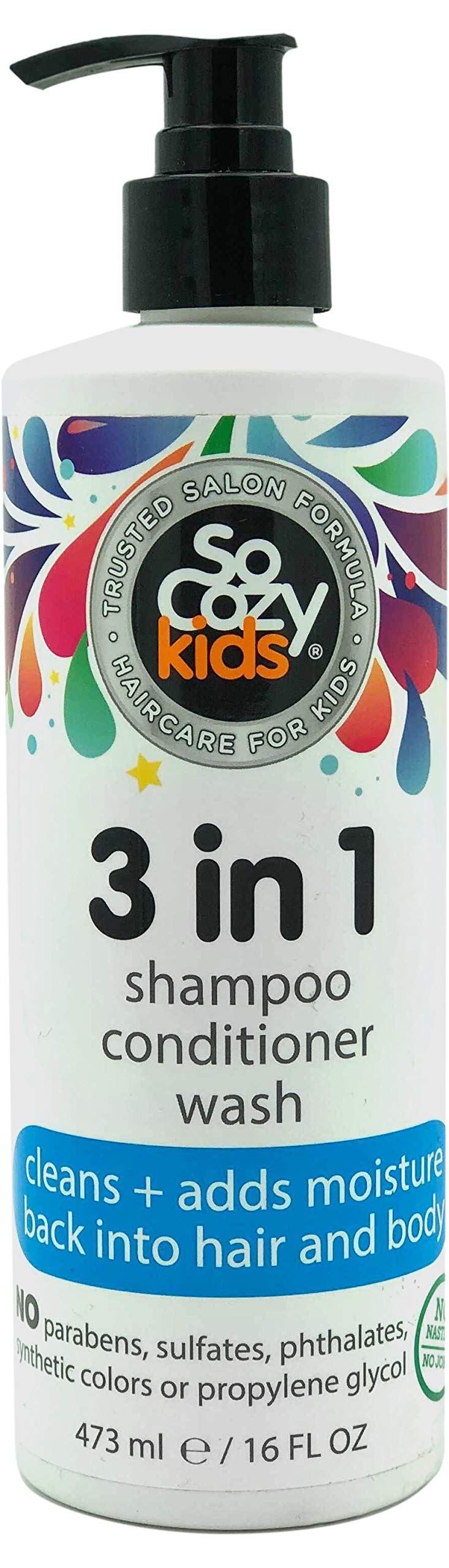 SoCozy 3 in 1 Kids Shampoo + Conditioner + Body Wash (16 Fl Oz) Gentle, Hydrating Hair & Body Cleanser with Keratin, Vitamin B5, & Kiwi Extract, Paraben & Sulfate-Free