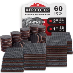 x-protector non slip furniture pads for hardwood floors 60 pcs - 36 round 1” + 24 square 2" anti slip furniture pads - self-adhesive rubber furniture pads non slip - ideal furniture stoppers!