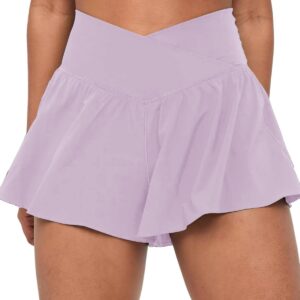 COPYLEAF Crossover Flowy Shorts for Women 2 in 1 Athletic Butterfly Running Shorts Tennis Gym Workout Skort with Pocket (PURPLE M)