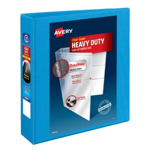 avery heavy-duty view 3 ring binder, 2" one touch slant rings, 2.8 inch wide spine, customizable clear cover, ideal for school, office, and home organization, 1 light blue binder (05501)