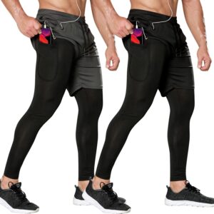 odoland 2 pack mens athletic compression running pants, 2 in 1 quick dry athletic workout sweatpants shorts gym leggings with pocket, black/grey, m