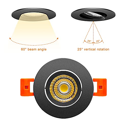 2Inch LED Recessed Ceiling Light, 3W Dimmable LED Downlight, Warm White 3000K, 60 Beam Angle Directional COB Recessed Lights with Driver, 25W Halogen Bulbs Equivalent for Ceiling Lighting, 6Pack