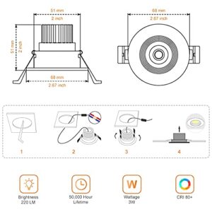 2Inch LED Recessed Ceiling Light, 3W Dimmable LED Downlight, Warm White 3000K, 60 Beam Angle Directional COB Recessed Lights with Driver, 25W Halogen Bulbs Equivalent for Ceiling Lighting, 6Pack