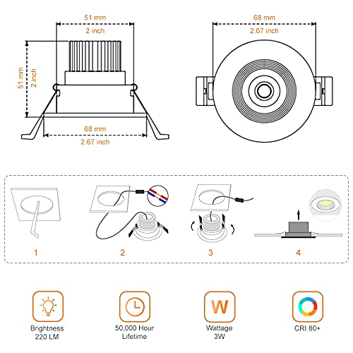 2Inch LED Recessed Ceiling Light, 3W Dimmable LED Downlight, Warm White 3000K, 60 Beam Angle Directional COB Recessed Lights with Driver, 25W Halogen Bulbs Equivalent for Ceiling Lighting, 6Pack