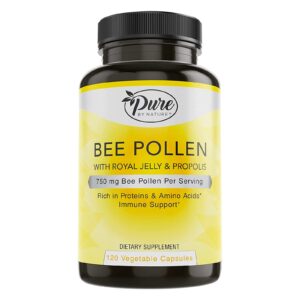 pure by nature bee pollen supplement with propolis & royal jelly for immune support, antioxidant properties, 120 non-gmo vegetarian capsules