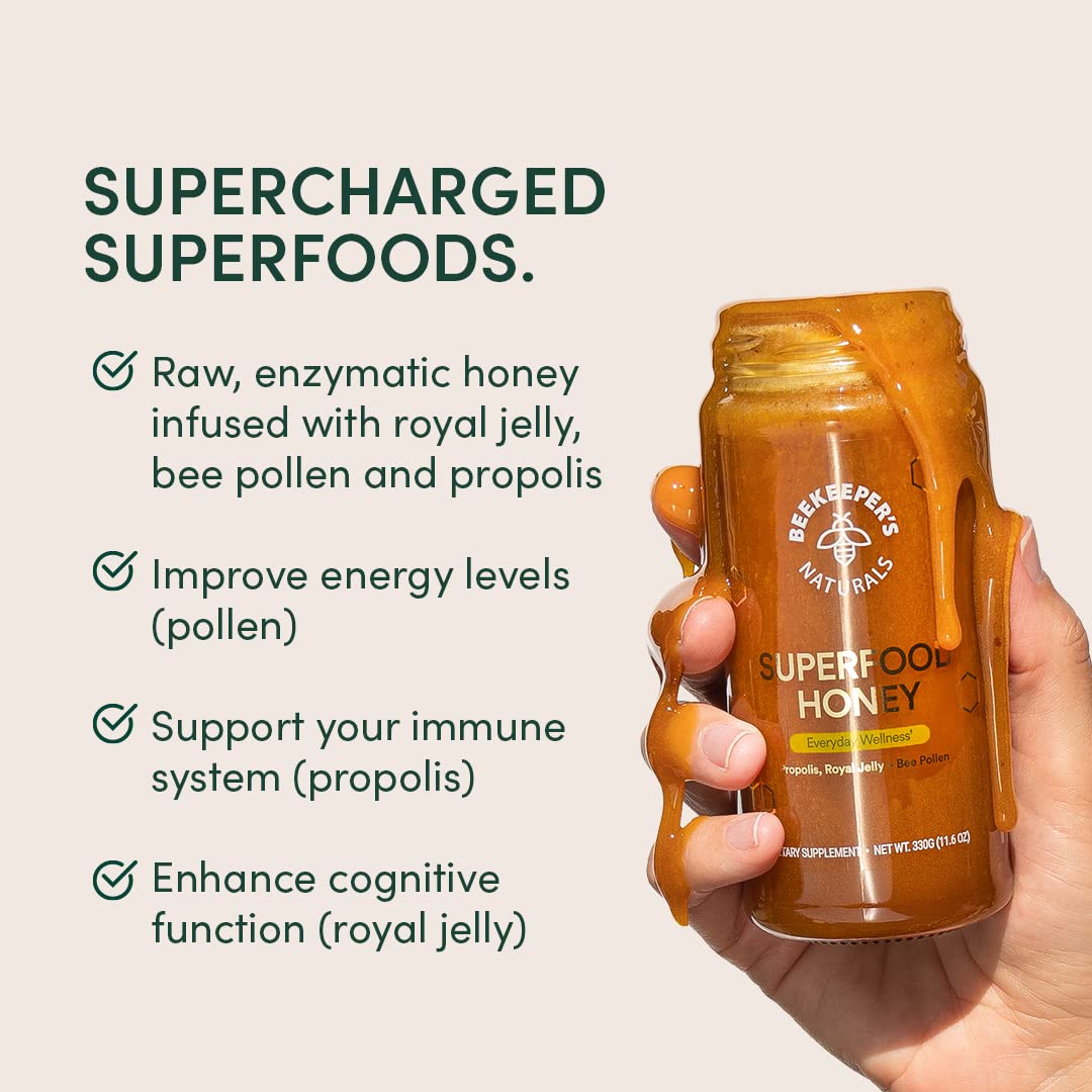 Superfood Honey by Beekeeper's Naturals - Bee Pollen, Royal Jelly, Propolis, Honey - Natural Energy, Immune Support, Mental Clarity, Athletic Performance (11.6 oz)