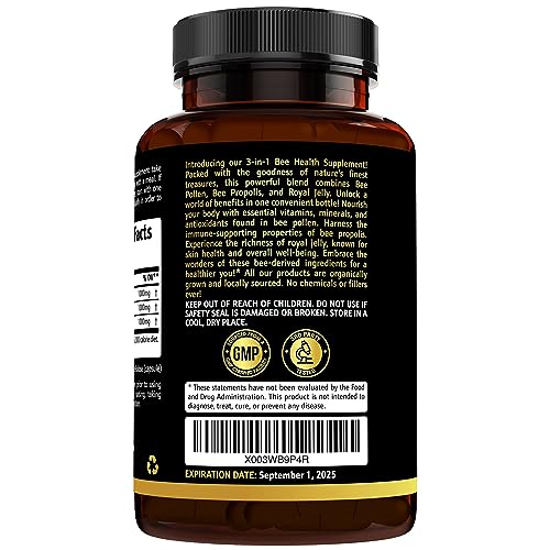 Earth Elixir 3-in-1 Bee Pollen Organic 840mg (180 Caps) W/ 840mg Bee Propolis Capsule & 840mg Royal Jelly Capsule - 3rd Party Tested - Bee Pollen Supplement - Organic Bee Pollen Capsule -No Fillers