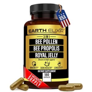 earth elixir 3-in-1 bee pollen organic 840mg (180 caps) w/ 840mg bee propolis capsule & 840mg royal jelly capsule - 3rd party tested - bee pollen supplement - organic bee pollen capsule -no fillers